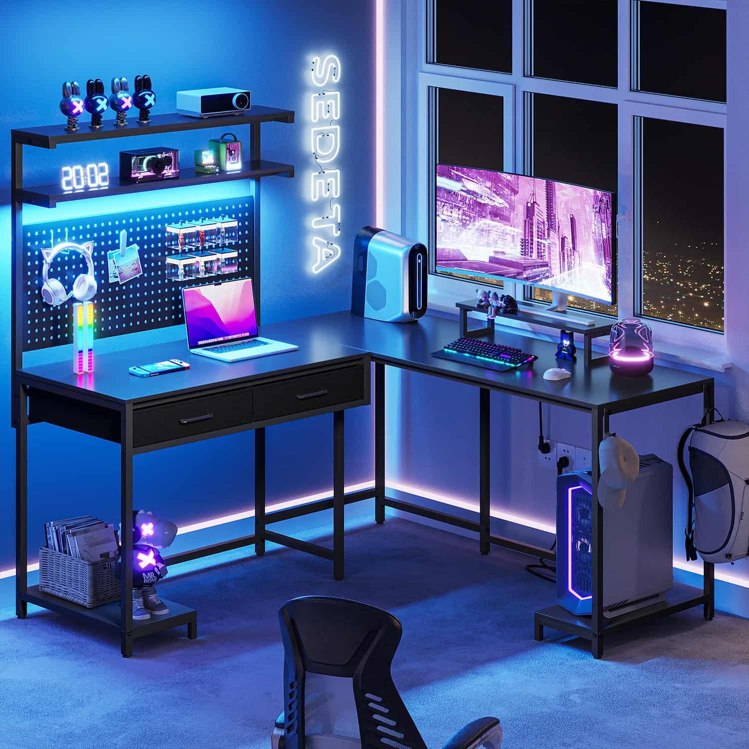 SEDETA | 89.7 Inch LED Reversible L Shaped Gaming Desk with Drawers an