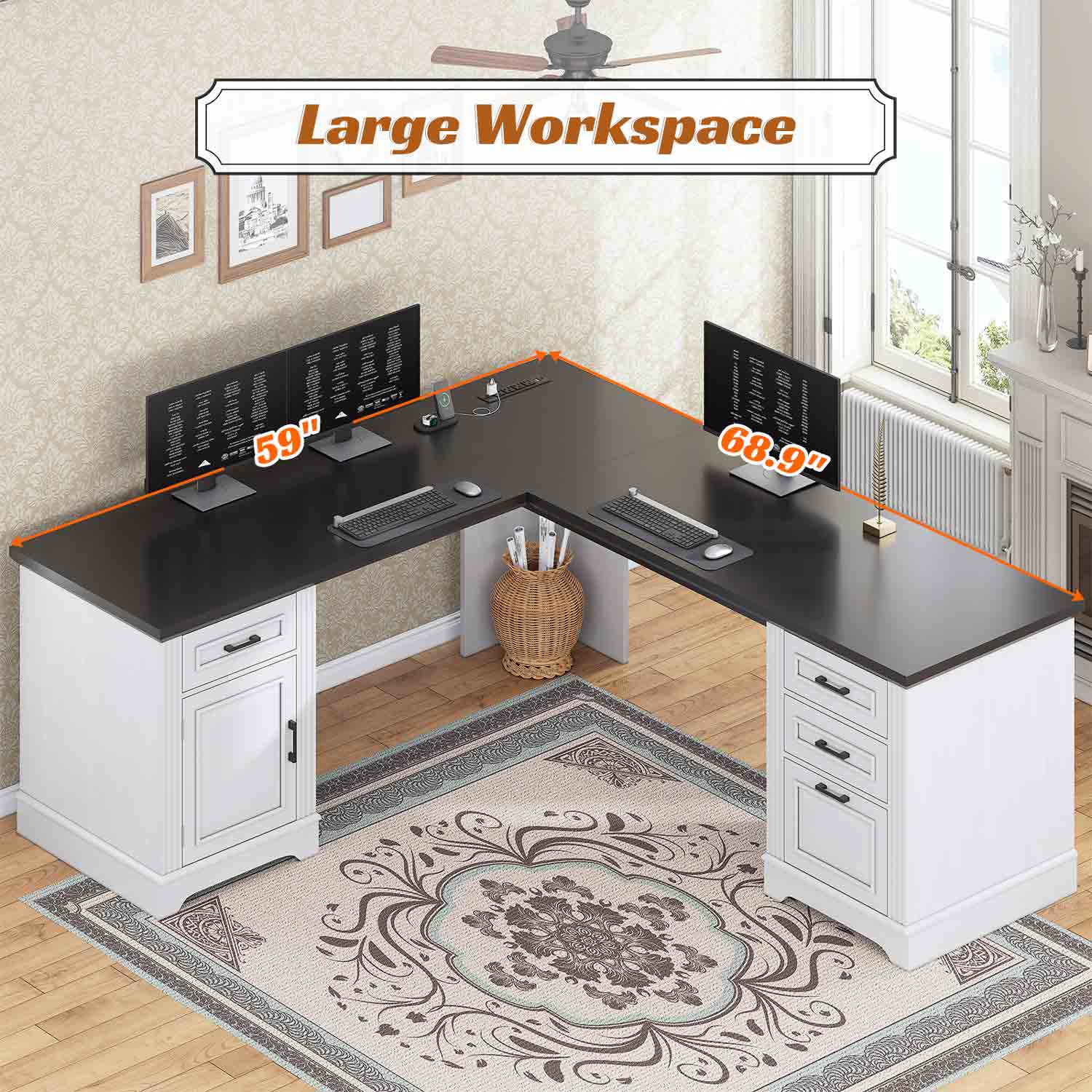 SEDETA 69 Inch Executive L Shaped Desk with Drawers and Storage Cabine
