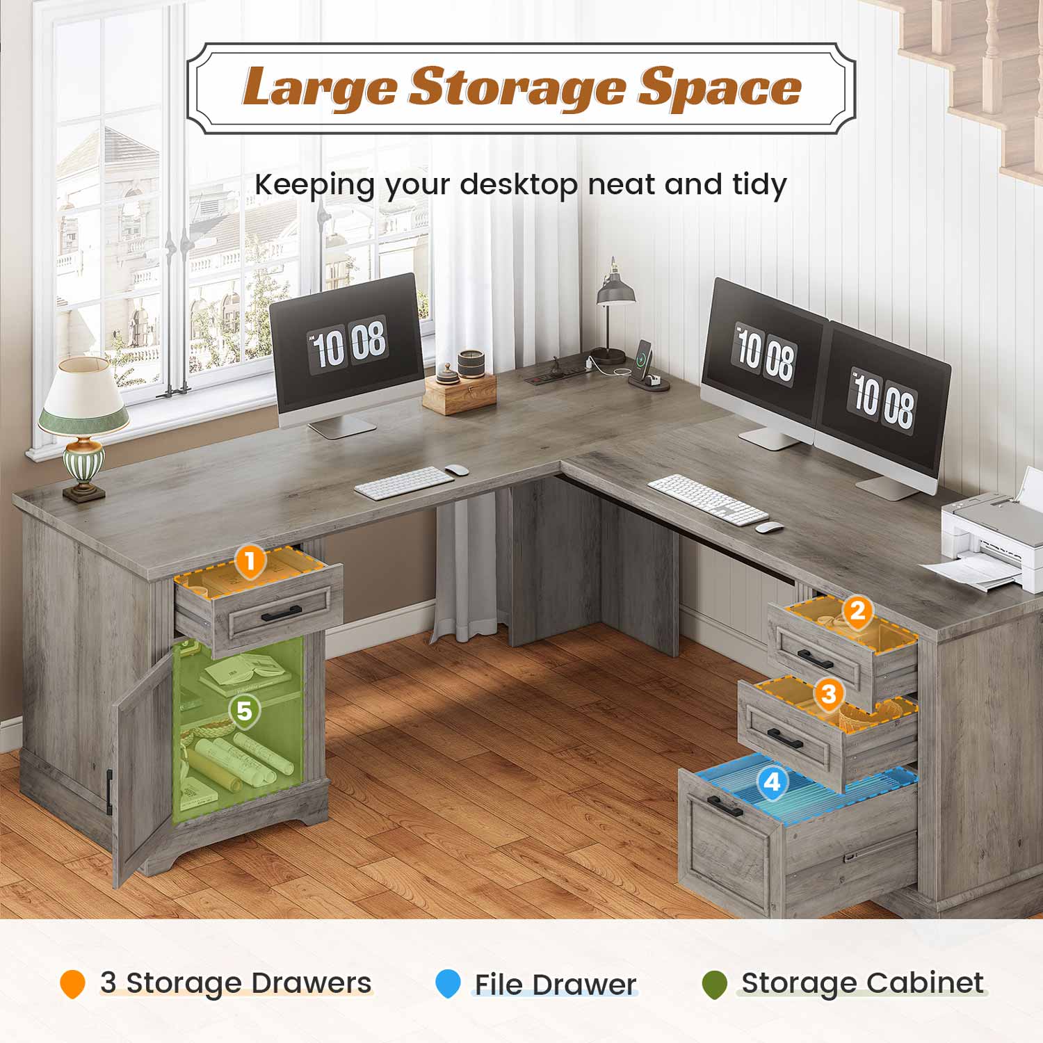 SEDETA 69 Inch Executive L Shaped Desk with Drawers and Storage Cabine