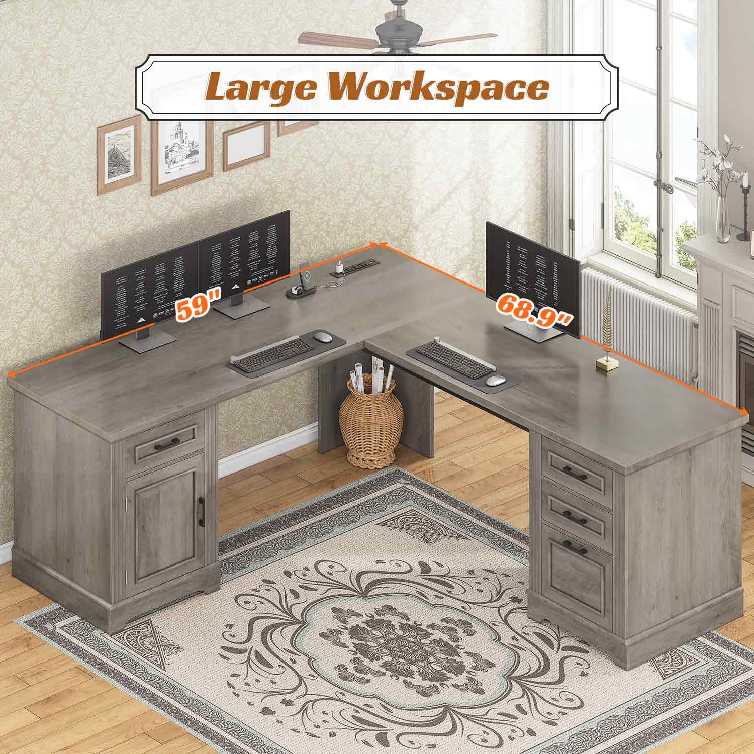 SEDETA | 69 Inch Executive Desk Farmhouse L Shaped Computer Desk with