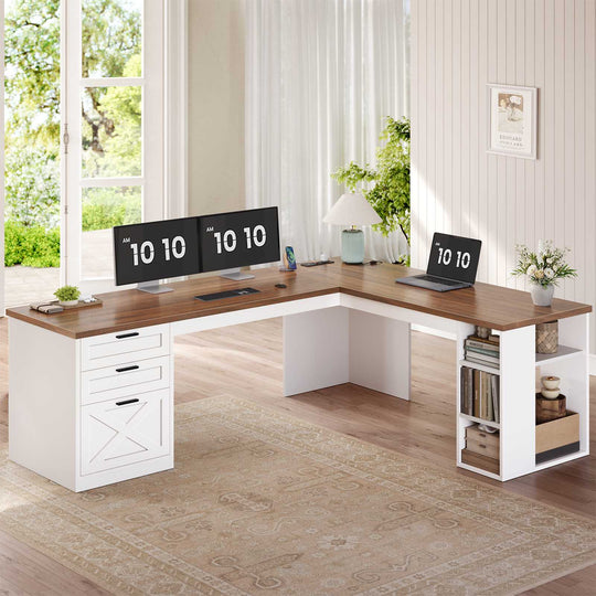 SEDETA 67 Inch Farmhouse L Shaped Executive Computer Desk with 3 Drawe