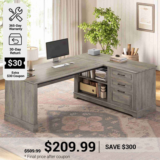 SEDETA® 61 Inch L Shaped Farmhouse Executive Computer Desk with Power