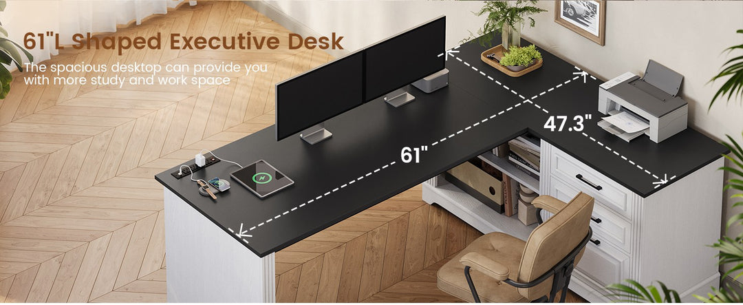SEDETA | 61 Inch L Shaped Computer Desk Farmhouse Executive Desk with