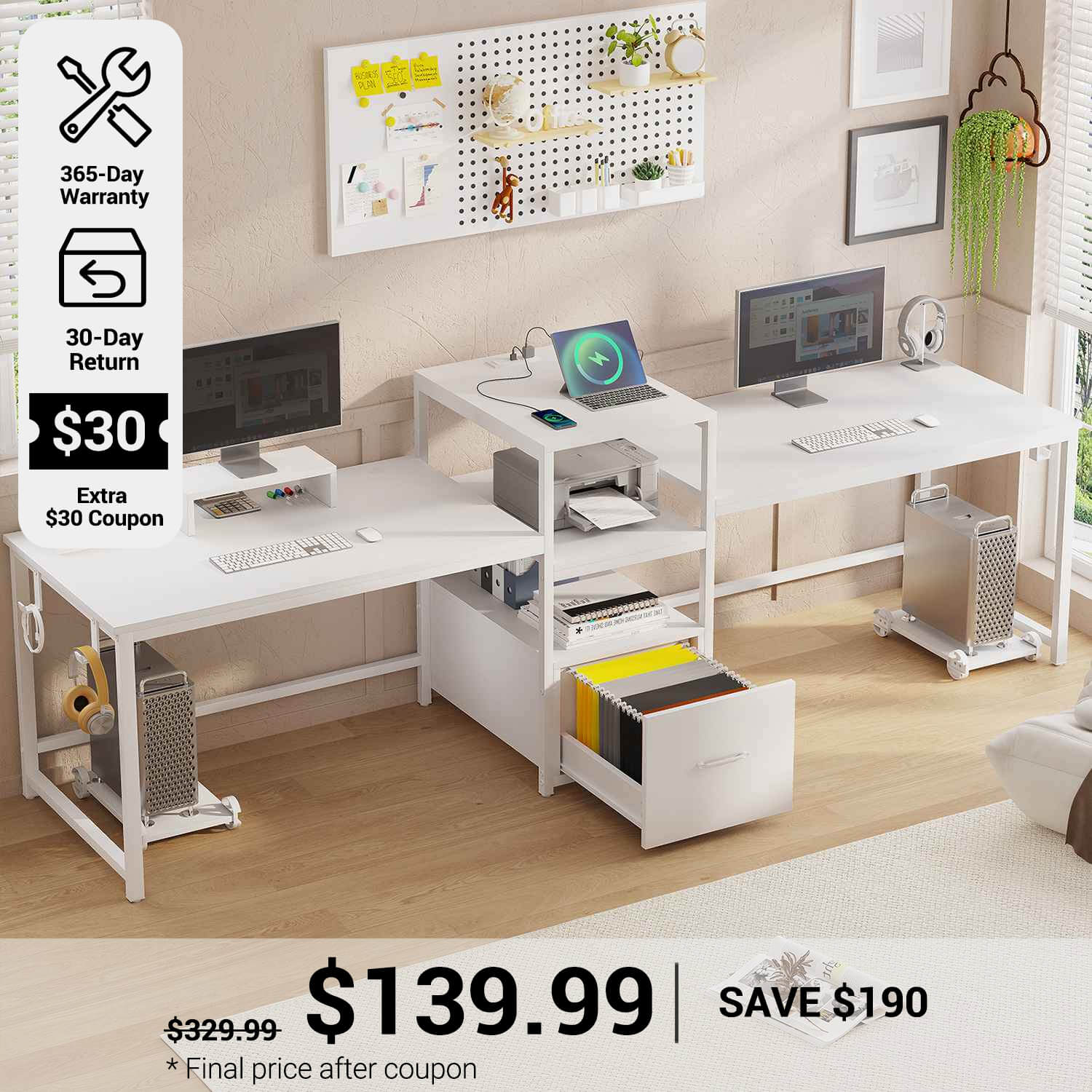 SEDETA 98 Inch Long Computer Desk for Home Office 2 Person Office Desk with Power Strip Storage