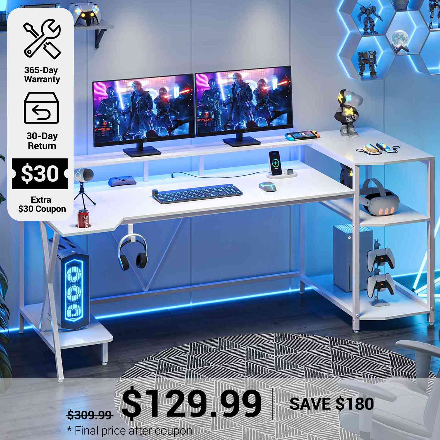 SEDETA 70.8 Inch Large PC Gamer Desk LED Gaming Table with Storage Shelves