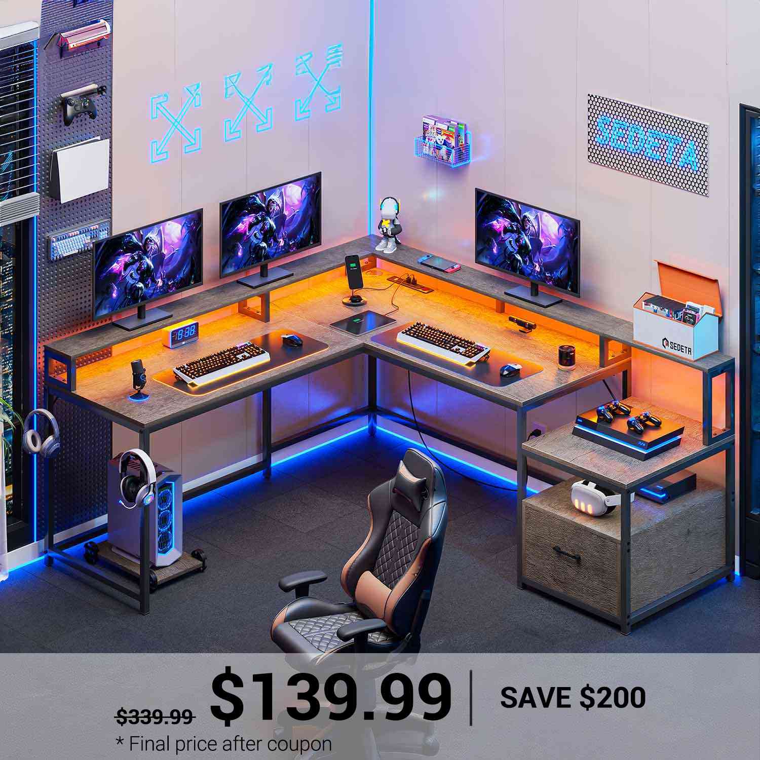 SEDETA 66 Inch L Shaped LED Gaming Desk Home Office Corner Computer T