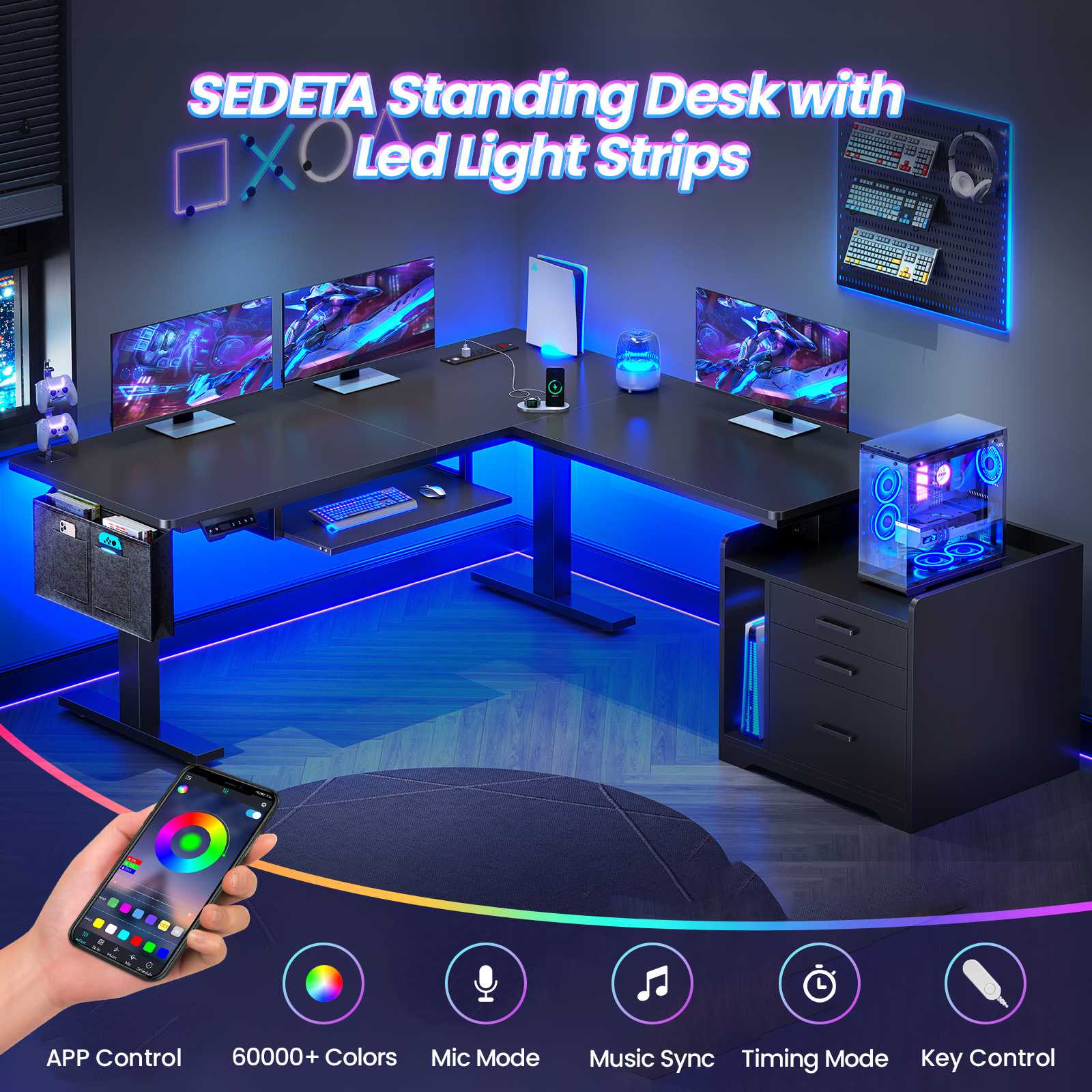 SEDETA | 63 Inch L Shaped Height Adjustable Electric Standing Desk LED