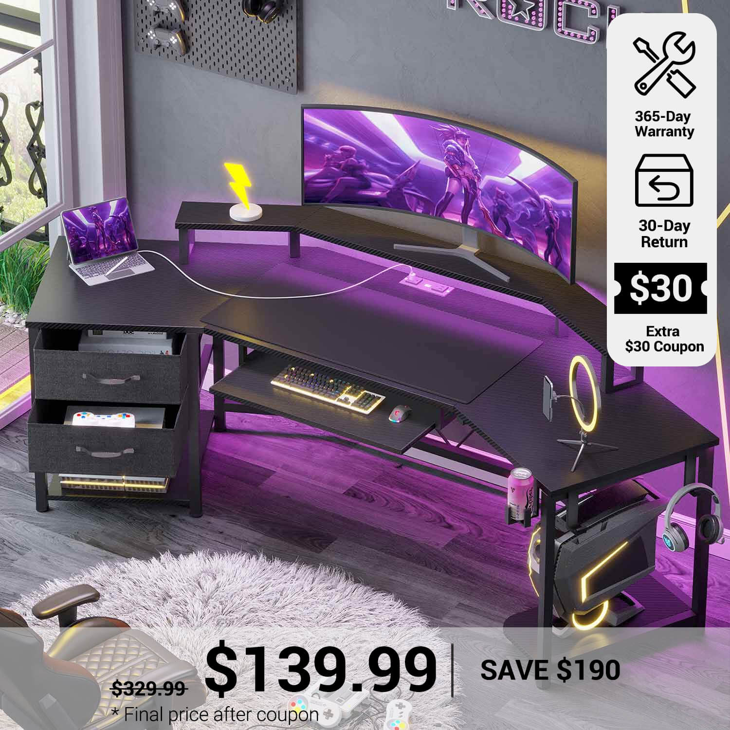 SEDETA® 79 Inch LED Wing Shaped Gaming Desk Computer Table with Storag