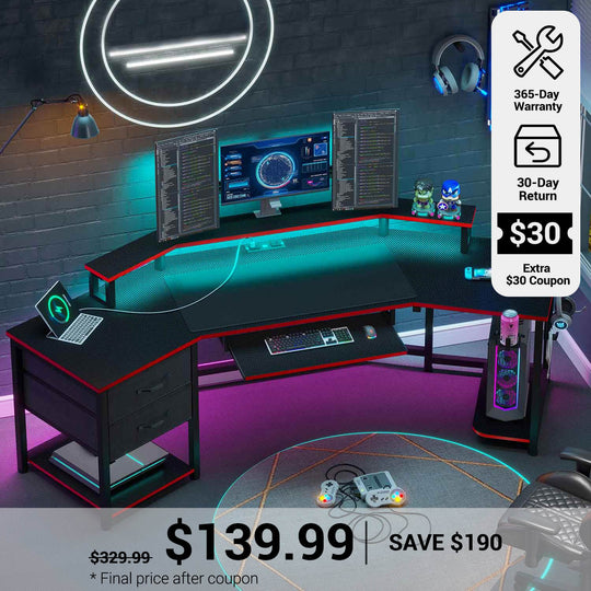 SEDETA® 79 Inch LED Wing Shaped Gaming Desk Computer Table with Storag