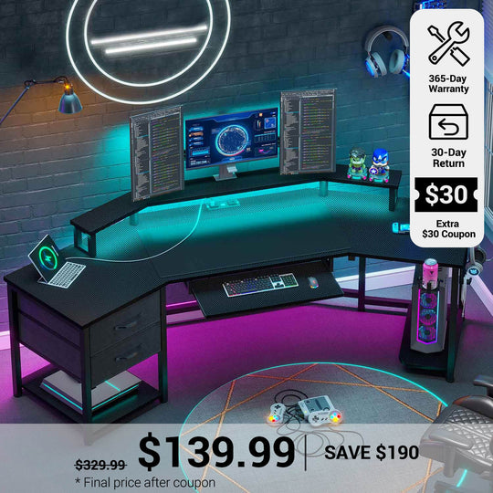 SEDETA® 79 Inch LED Wing Shaped Gaming Desk Computer Table with Storag