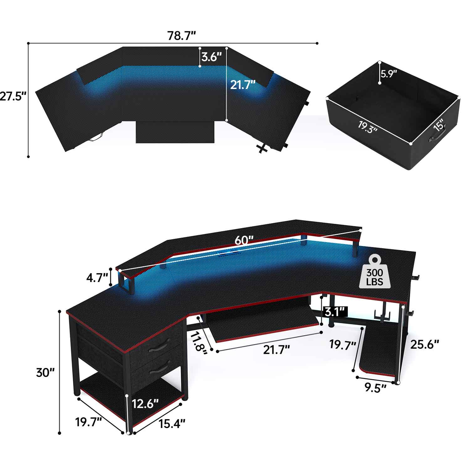 SEDETA® 79 Inch LED Wing Shaped Gaming Desk Computer Table with Storag