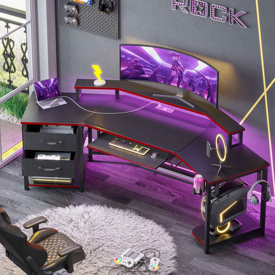 SEDETA® 79 Inch LED Wing Shaped Gaming Desk Computer Table with Storag
