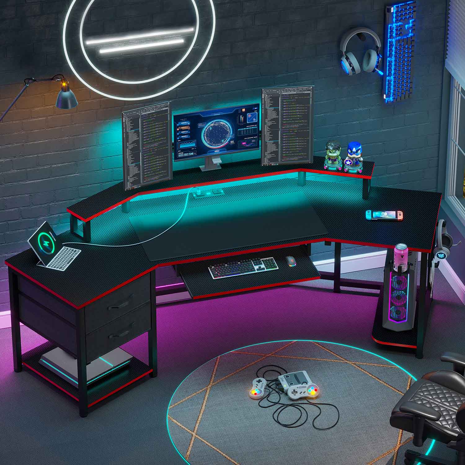 SEDETA® 79 Inch LED Wing Shaped Gaming Desk Computer Table with Storag